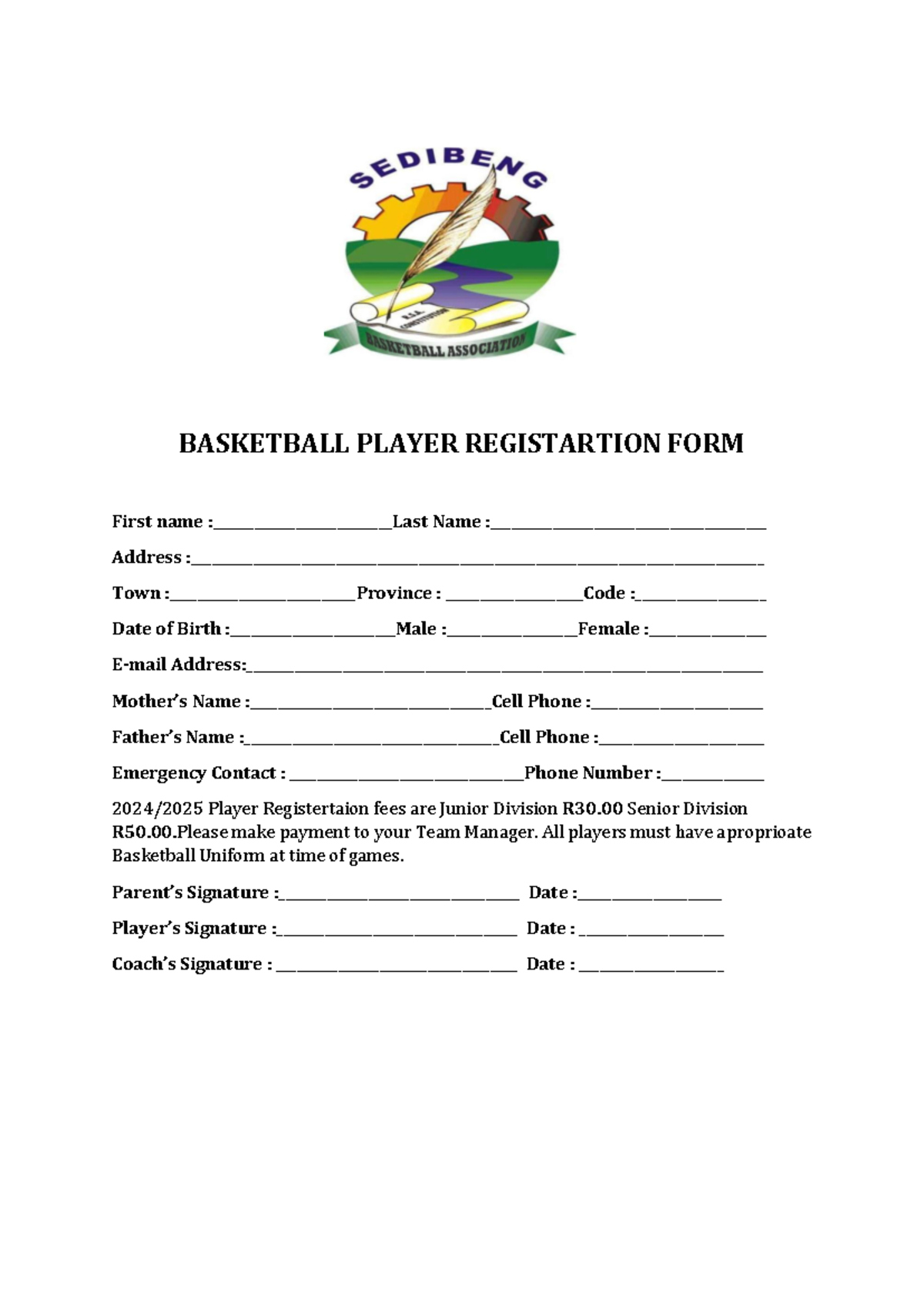 Basketball Player Registartion FORM - BASKETBALL PLAYER REGISTARTION ...
