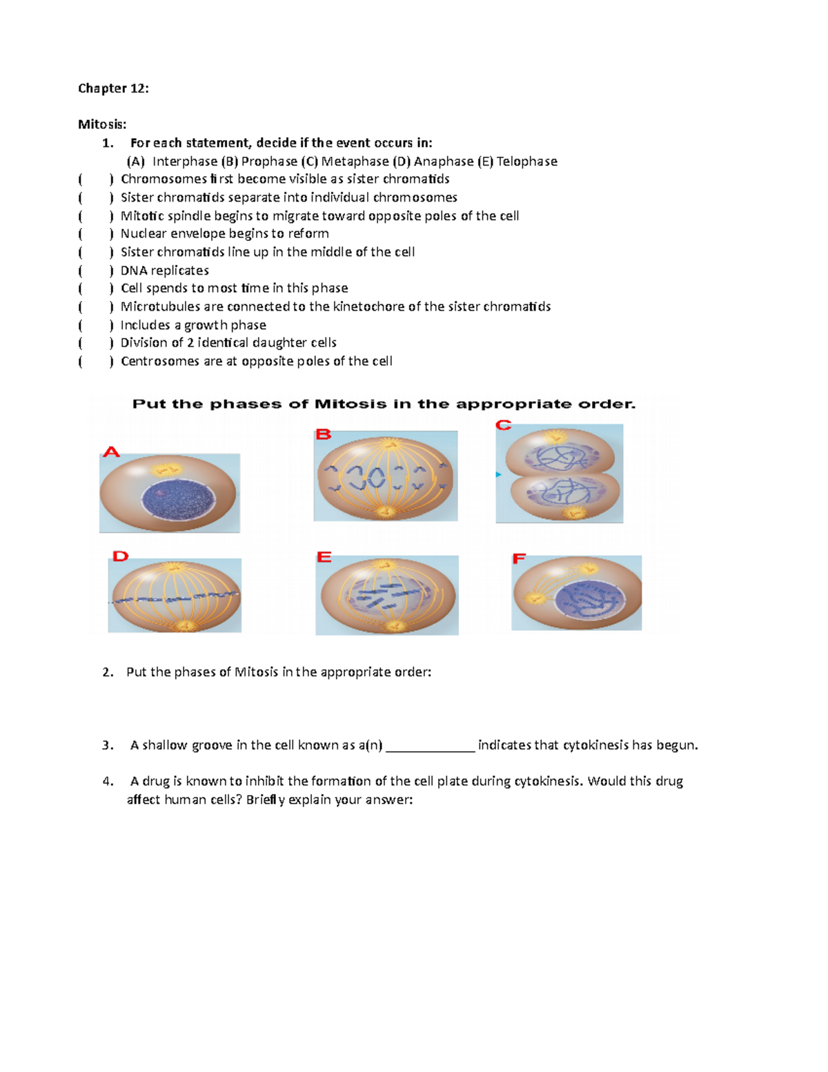 Week9-HW -Ch 12-13 worksheet - Chapter 12: Mitosis: 1. For each ...