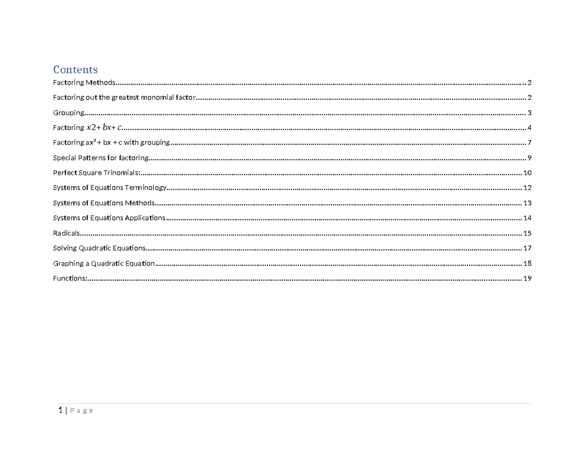 Study Guide Algebra for College Students - Contents Factoring - Studocu