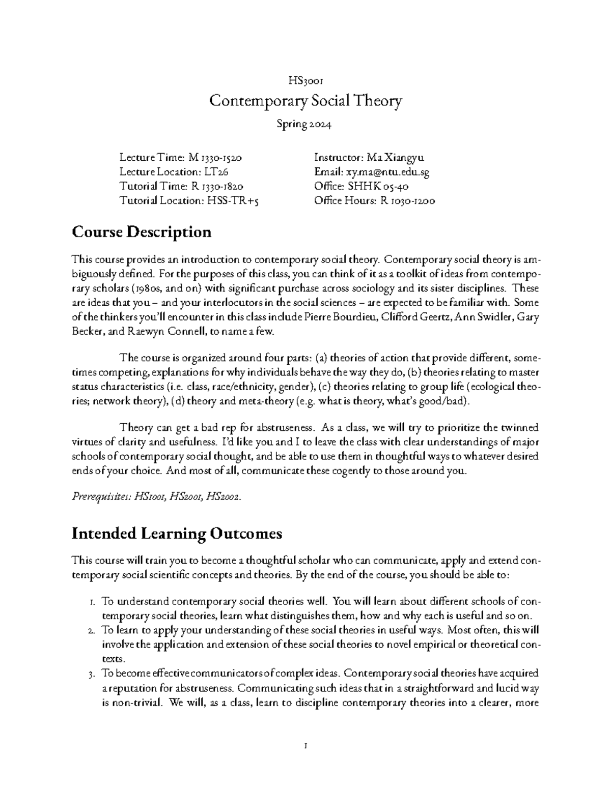 Hs3001 syllabus - Course Outline - HS Contemporary Social Theory Spring ...