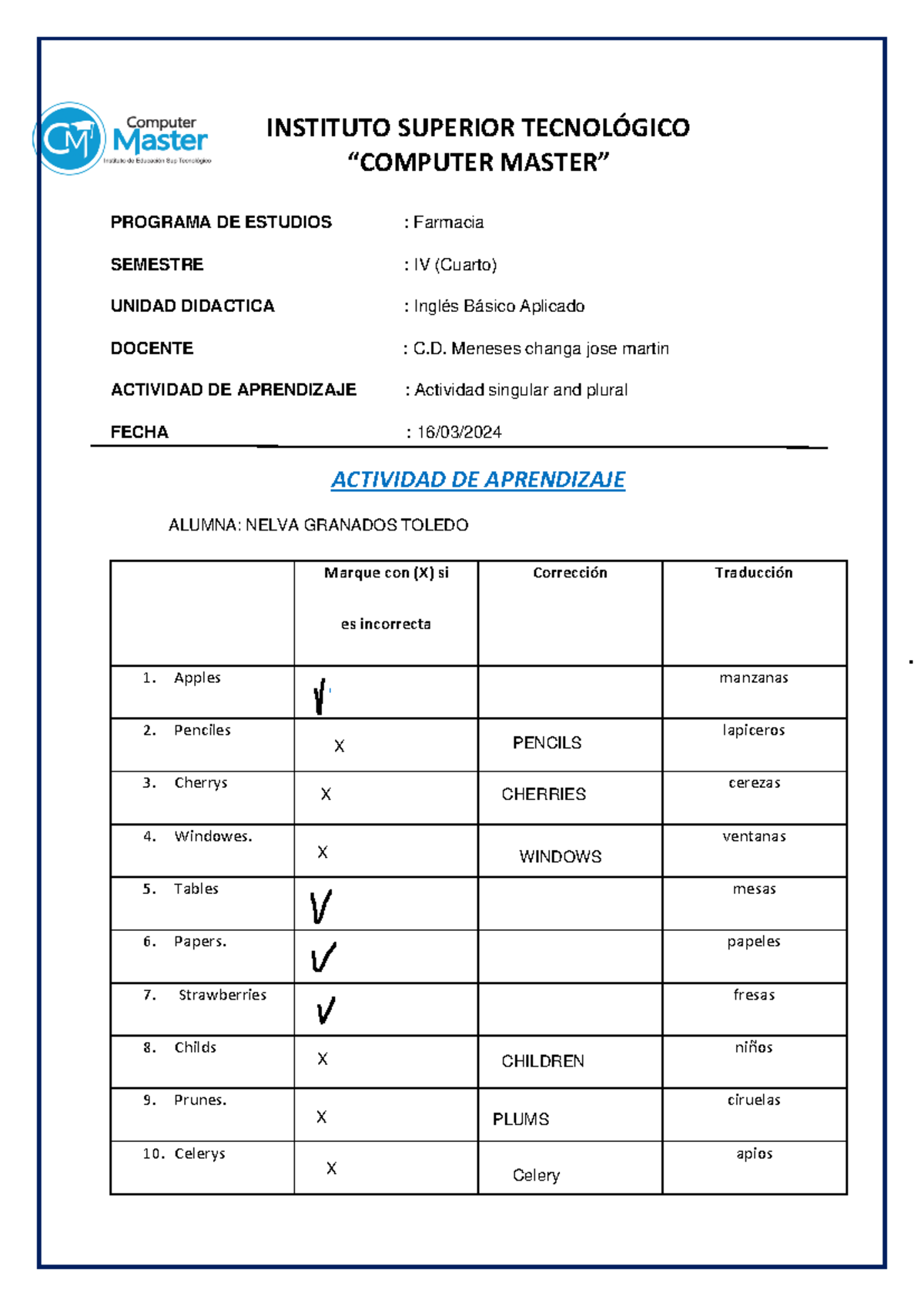 Tarea-Actividad singular and plural - INSTITUTO SUPERIOR TECNOLÓGICO ...