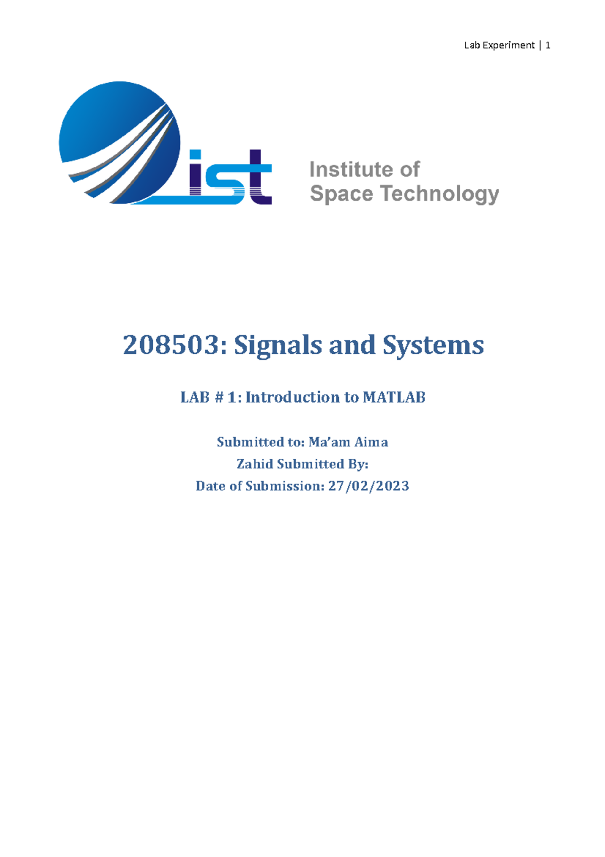 SNS Lab1B - lab report - Lab Experiment | 1 208503: Signals and Systems LAB # 1: Introduction to ...