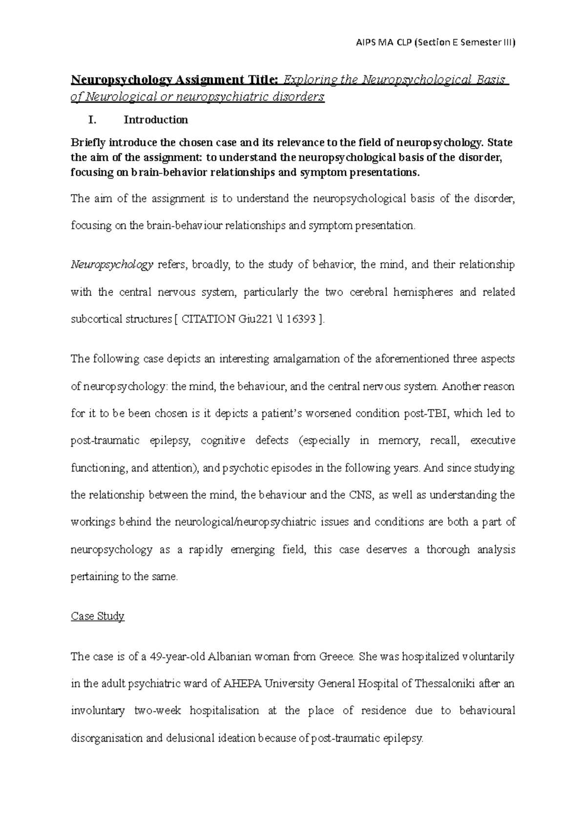 Exploring the Neuropsychological Basis of Neurological or ...