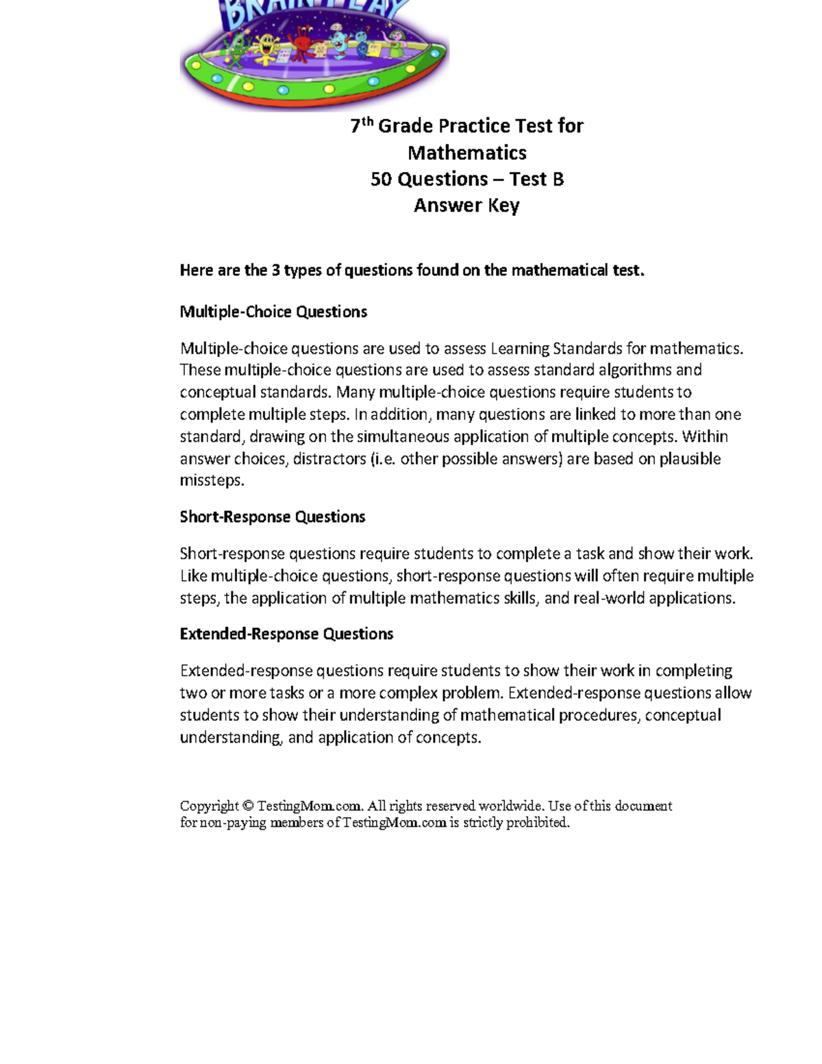 7th Grade - Math - Test B - Key - Copyright © TestingMom. All rights ...