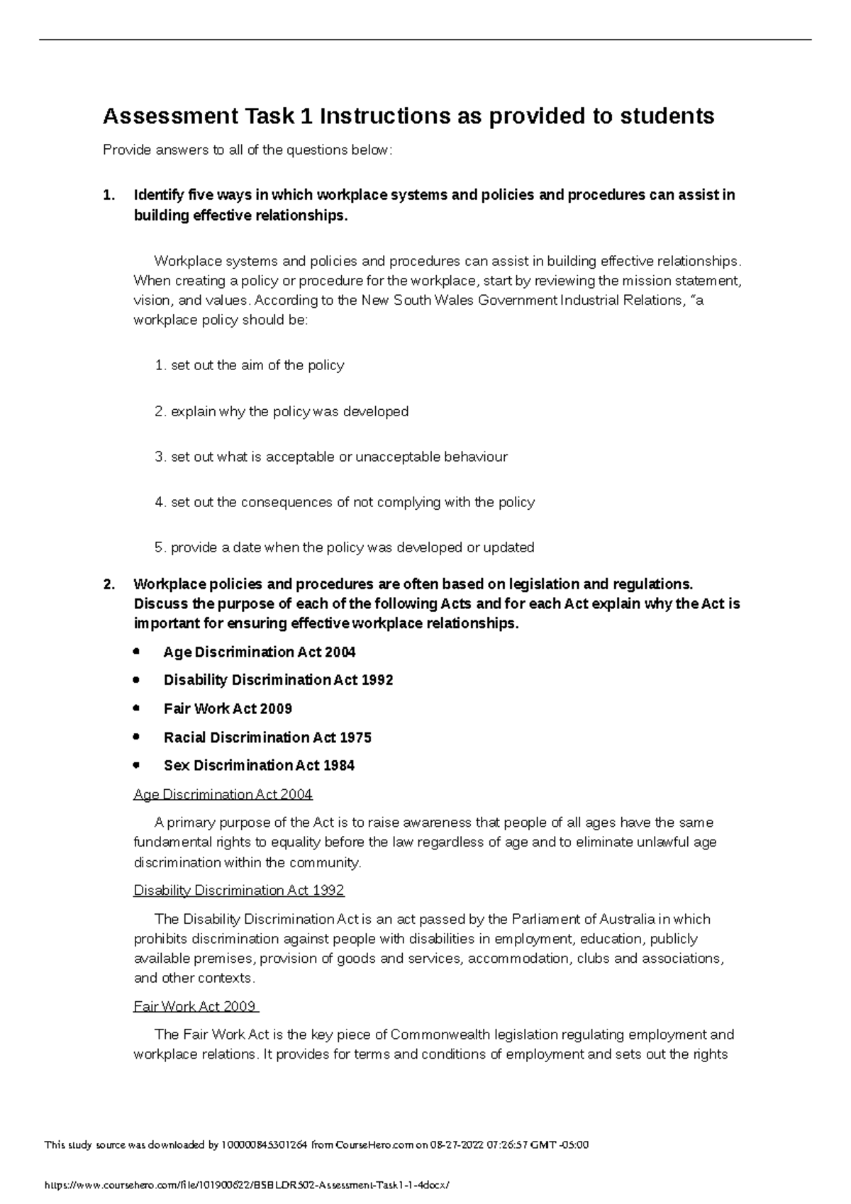 Bsbldr 502 Assessment Task1 1 4 - Assessment Task 1 Instructions as provided to students Provide ...