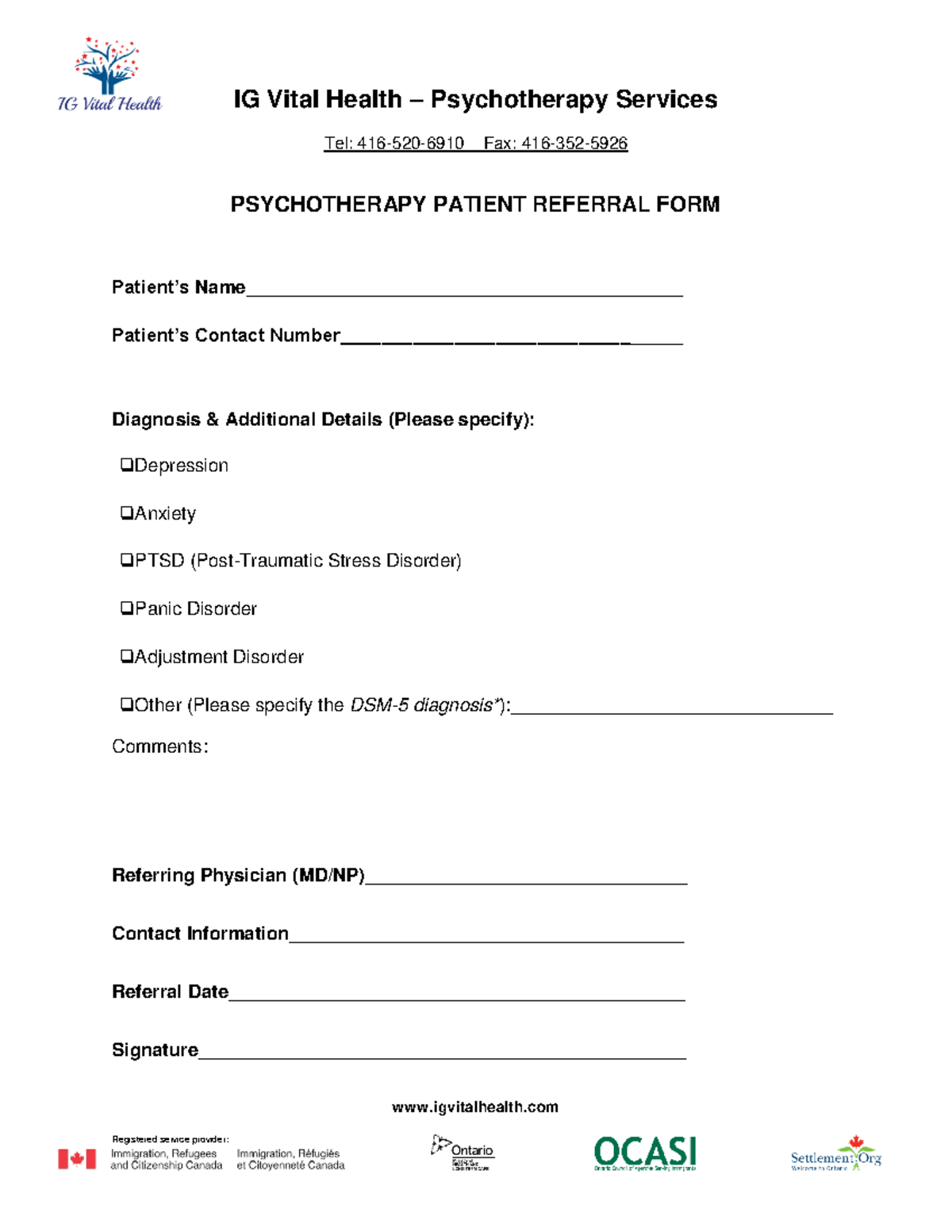 IGVH Patient Referral Form - IG Vital Health – Psychotherapy Services ...