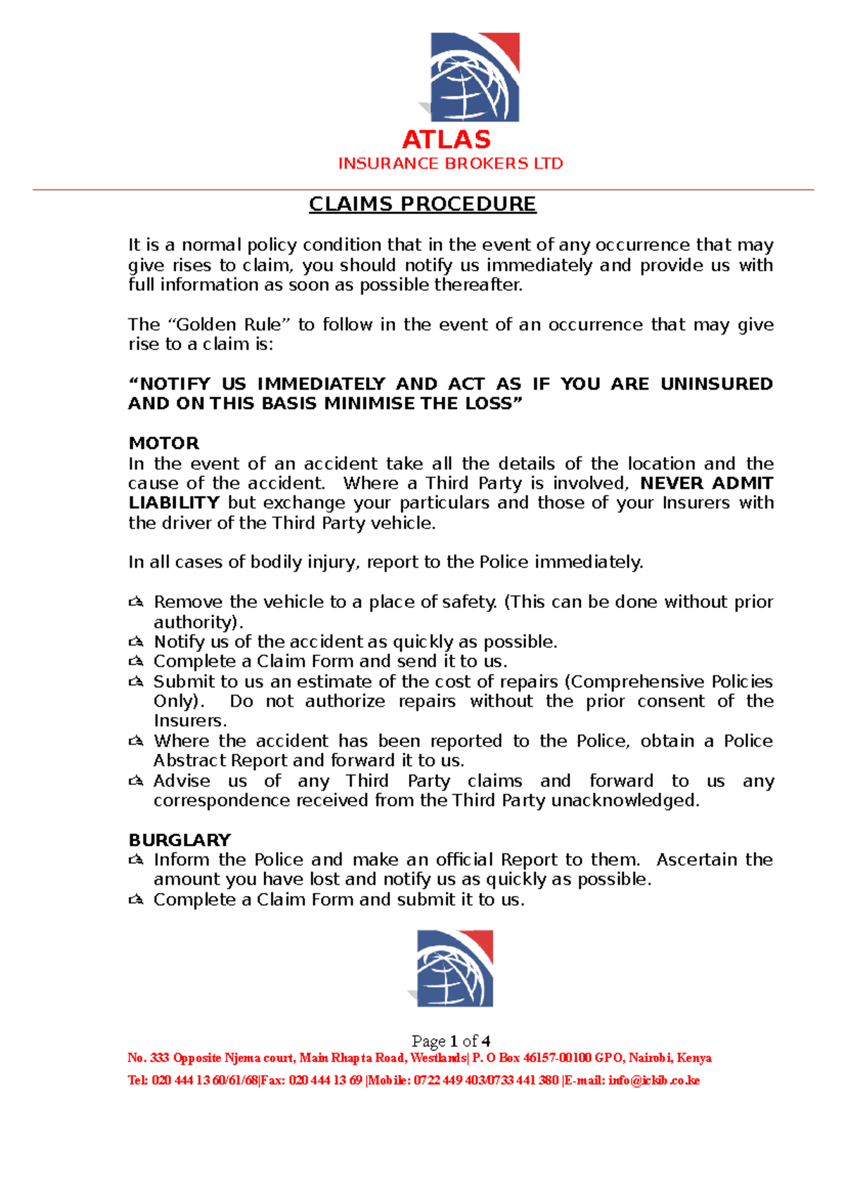 Claim Procedures - 1week - ATLAS INSURANCE BROKERS LTD CLAIMS PROCEDURE ...