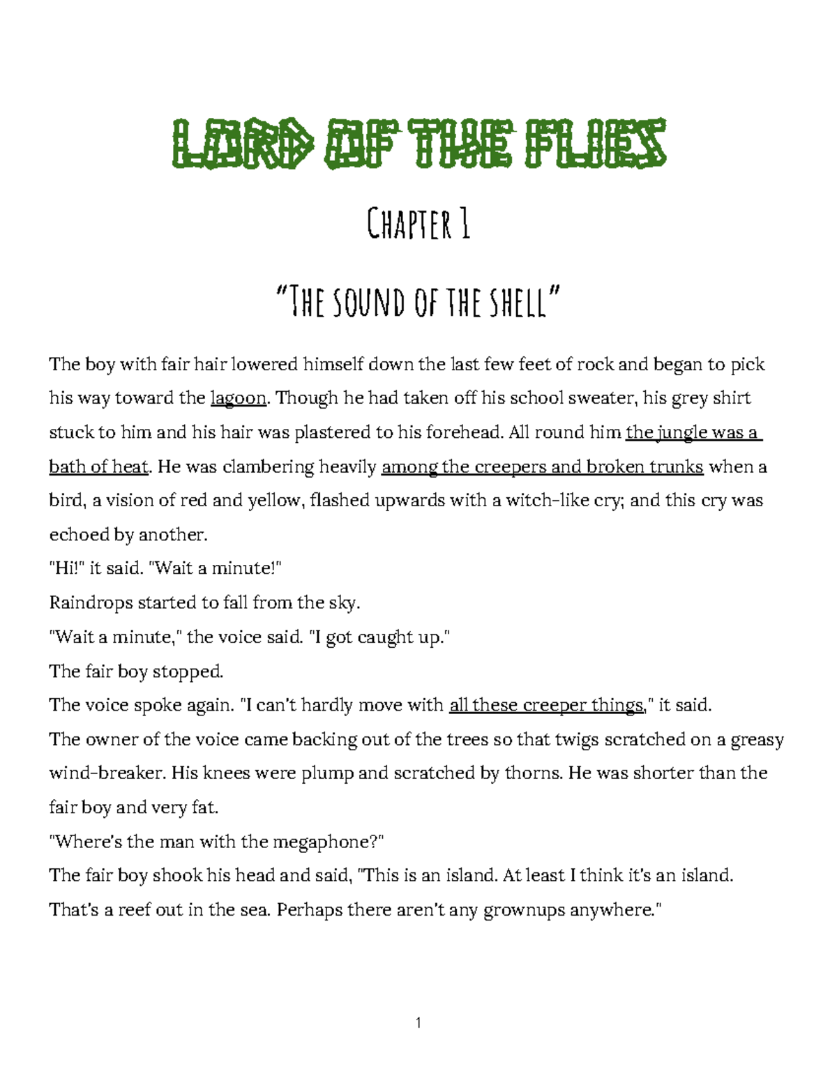 CH1 Student Copy - isijc - LORD OF THE FLIES Chapter 1 “The sound of ...