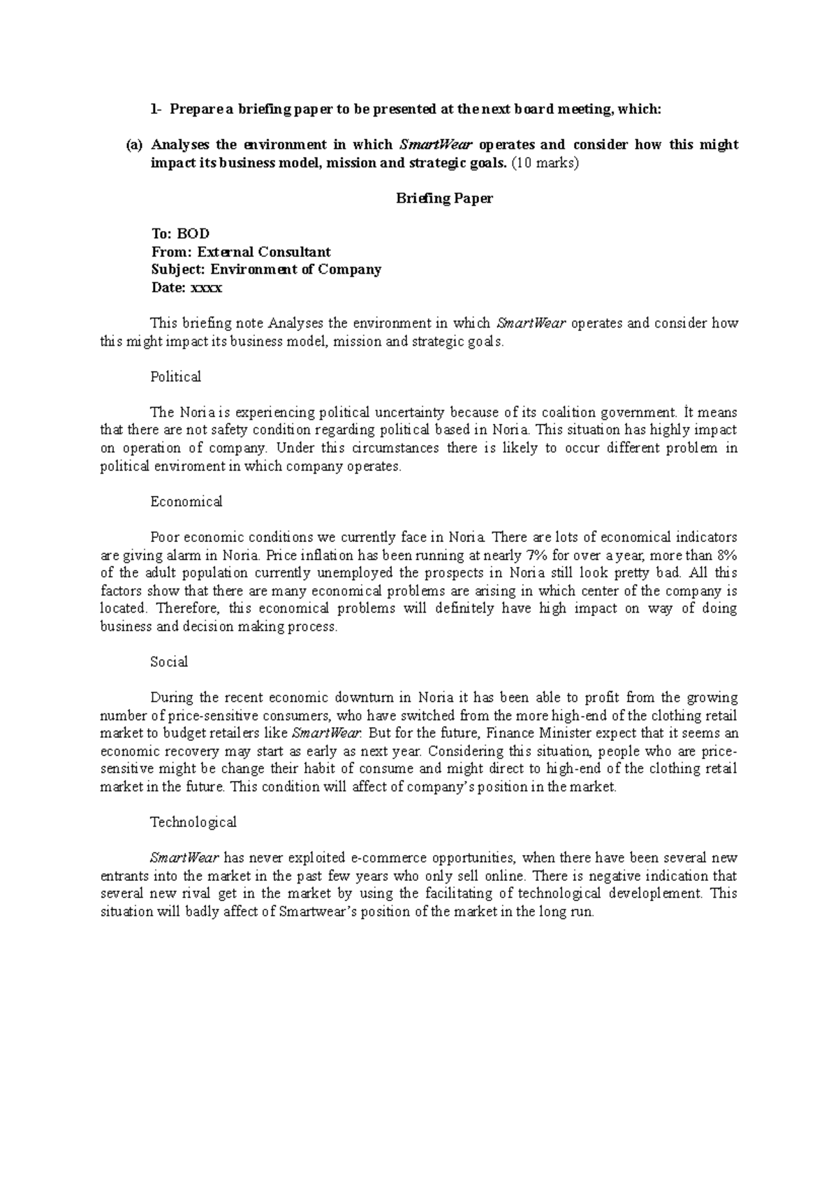 Smartwear - SBL Notes - 1- Prepare a briefing paper to be presented at ...