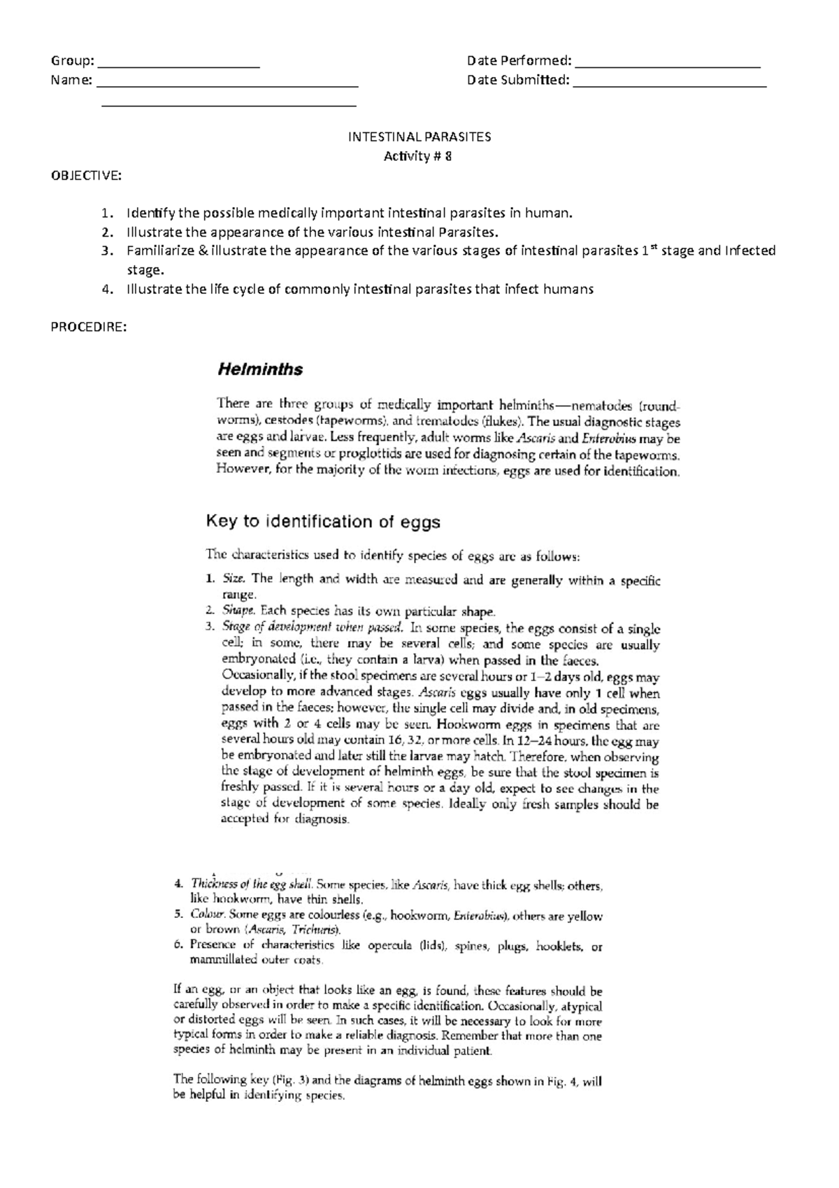 Intestinal Parasites Activity # 8 - Group: _____________________ Date ...