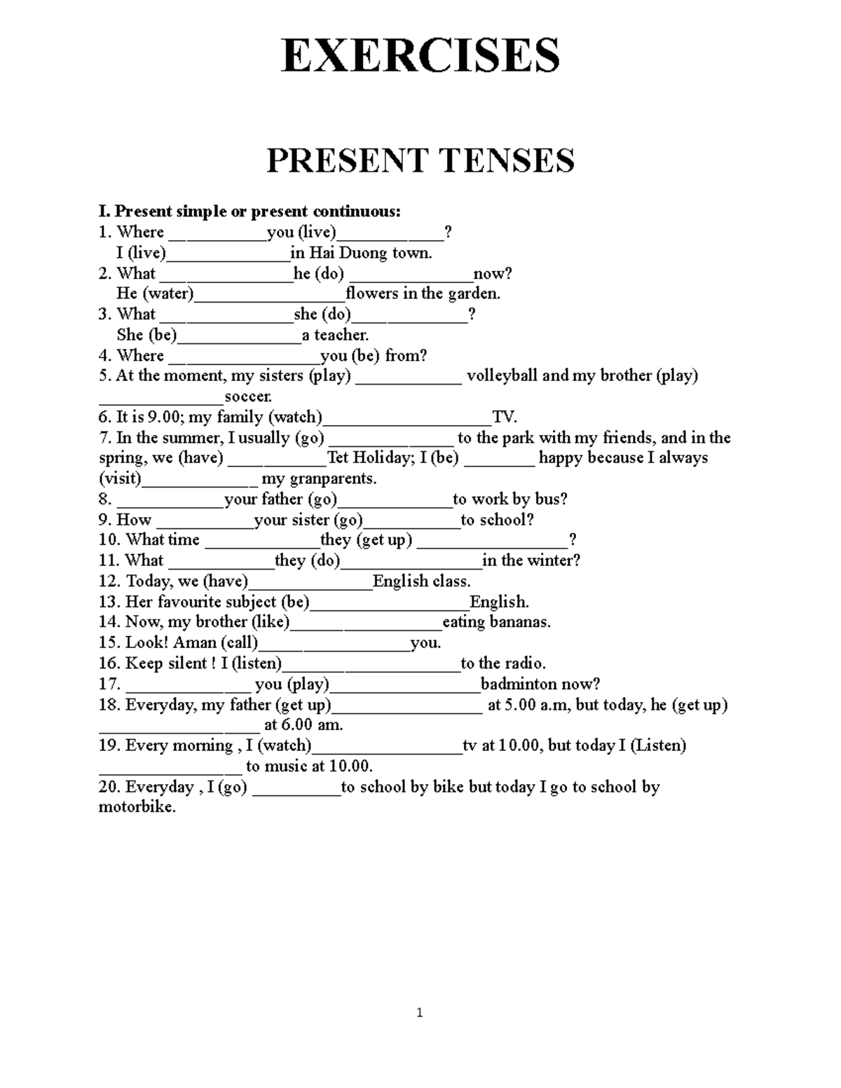 Tenses- Exercises - ưdddddddddfeerfeg - EXERCISES PRESENT TENSES I ...