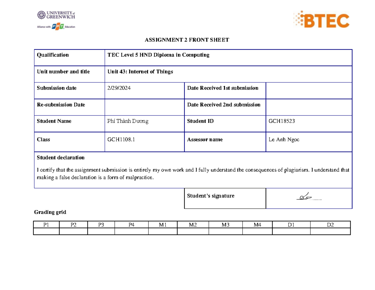 Io T.Assignment 2 frontsheet 2021 - ASSIGNMENT 2 FRONT SHEET Qualification TEC Level 5 HND ...