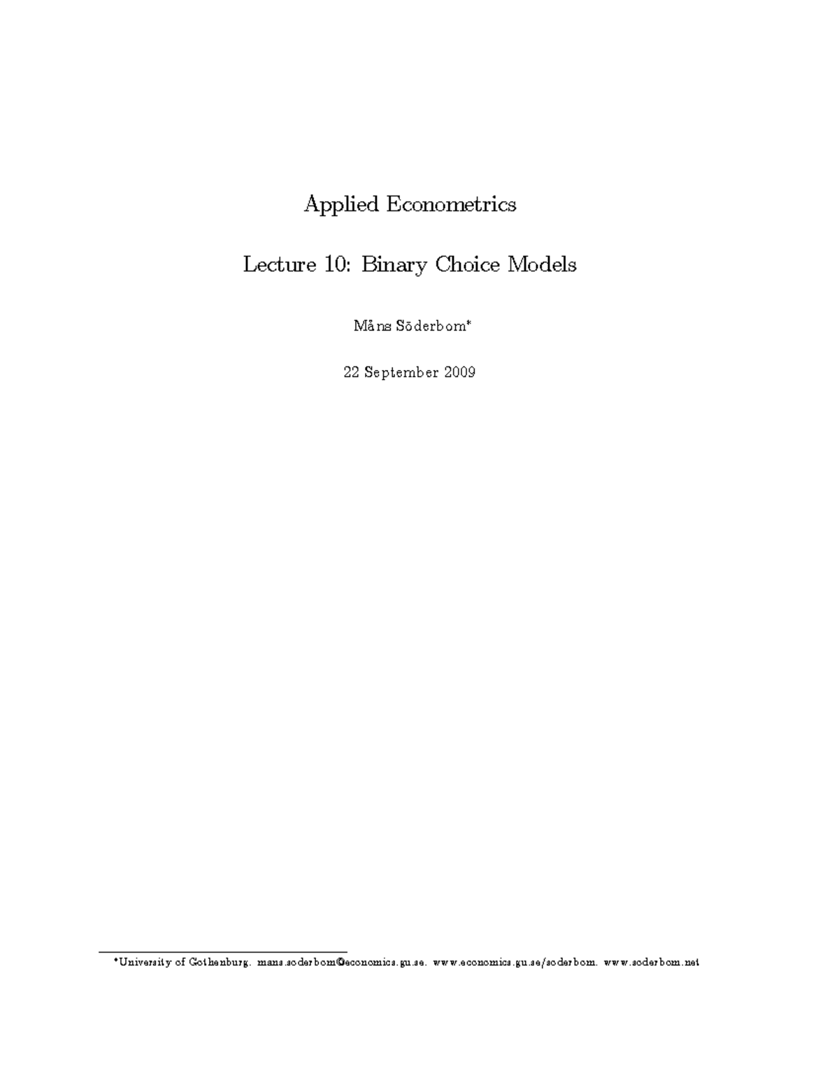 1binary Response Models Applied Econometrics Lecture 10 Binary
