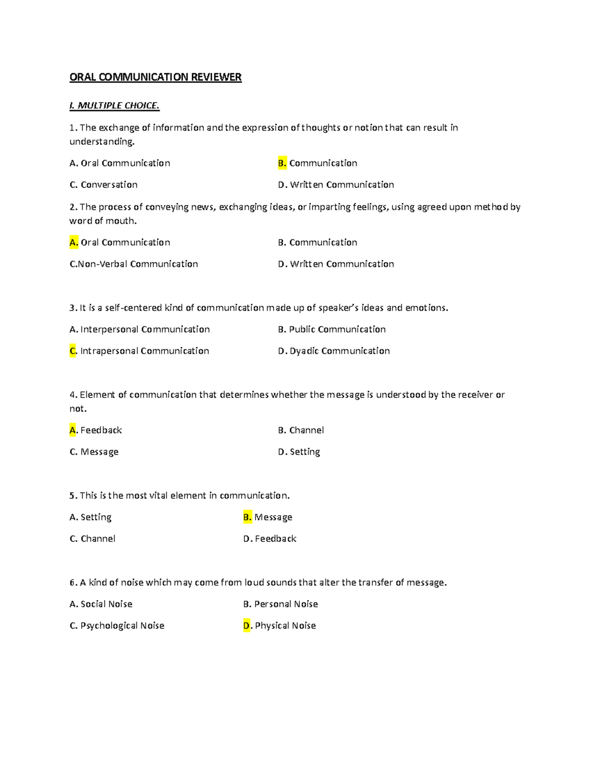 ORAL- Communication- Reviewer - ORAL COMMUNICATION REVIEWER I. MULTIPLE ...