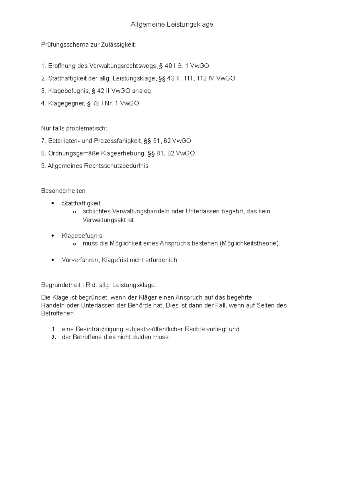 Allgemeine Leistungsklage - Allgemeine Leistungsklage Prüfungsschema ...