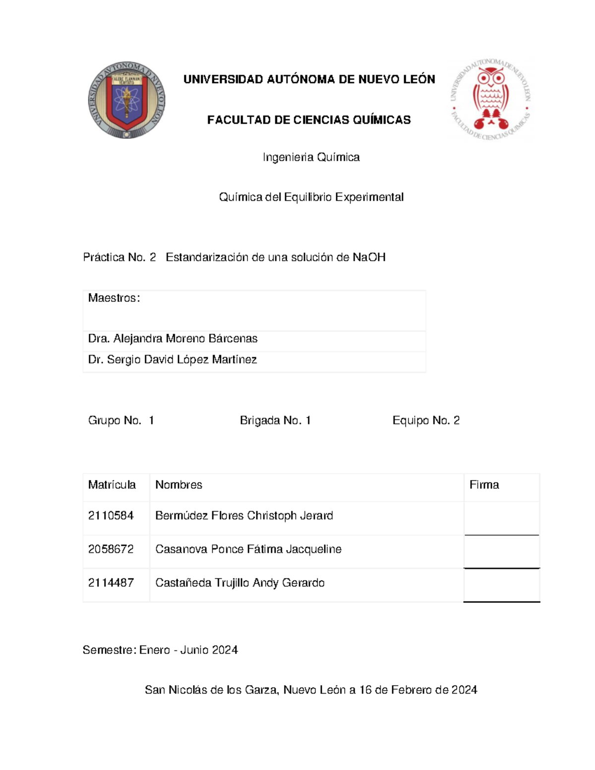 Repore 2 QEE Equipo 2 - UNIVERSIDAD AUTÓNOMA DE NUEVO LEÓN FACULTAD DE ...