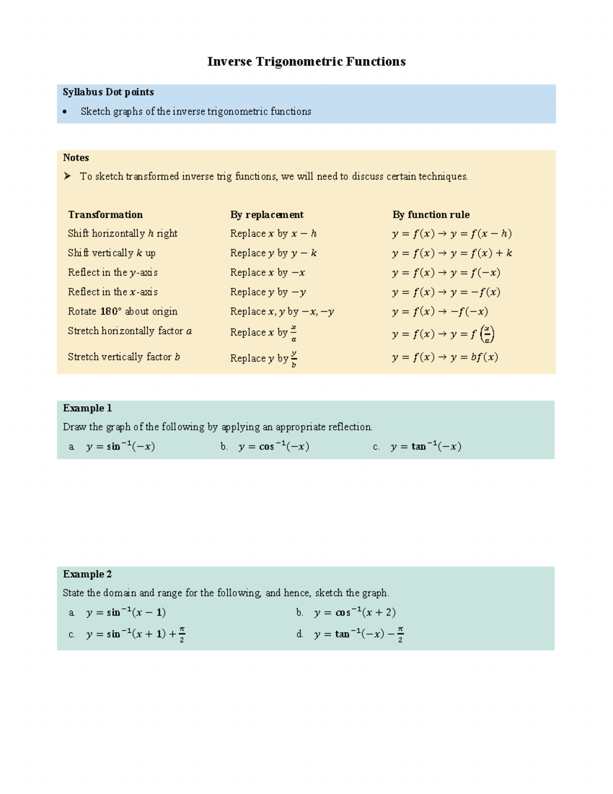 ME T1 Sketching Inverse Trig - Inverse Trigonometric Functions Syllabus ...