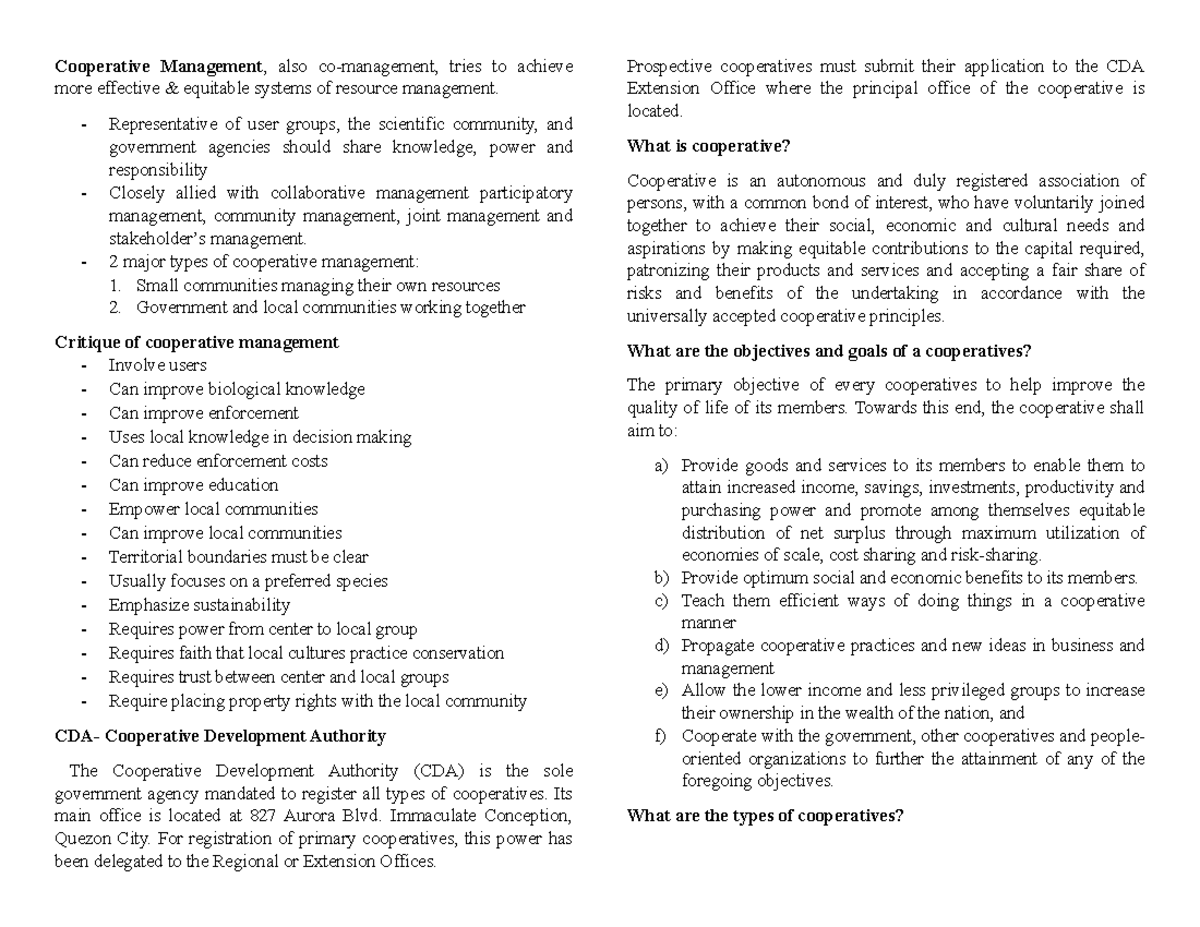 Lecture-1 - Lecture notes - Cooperative Management, also co-management ...