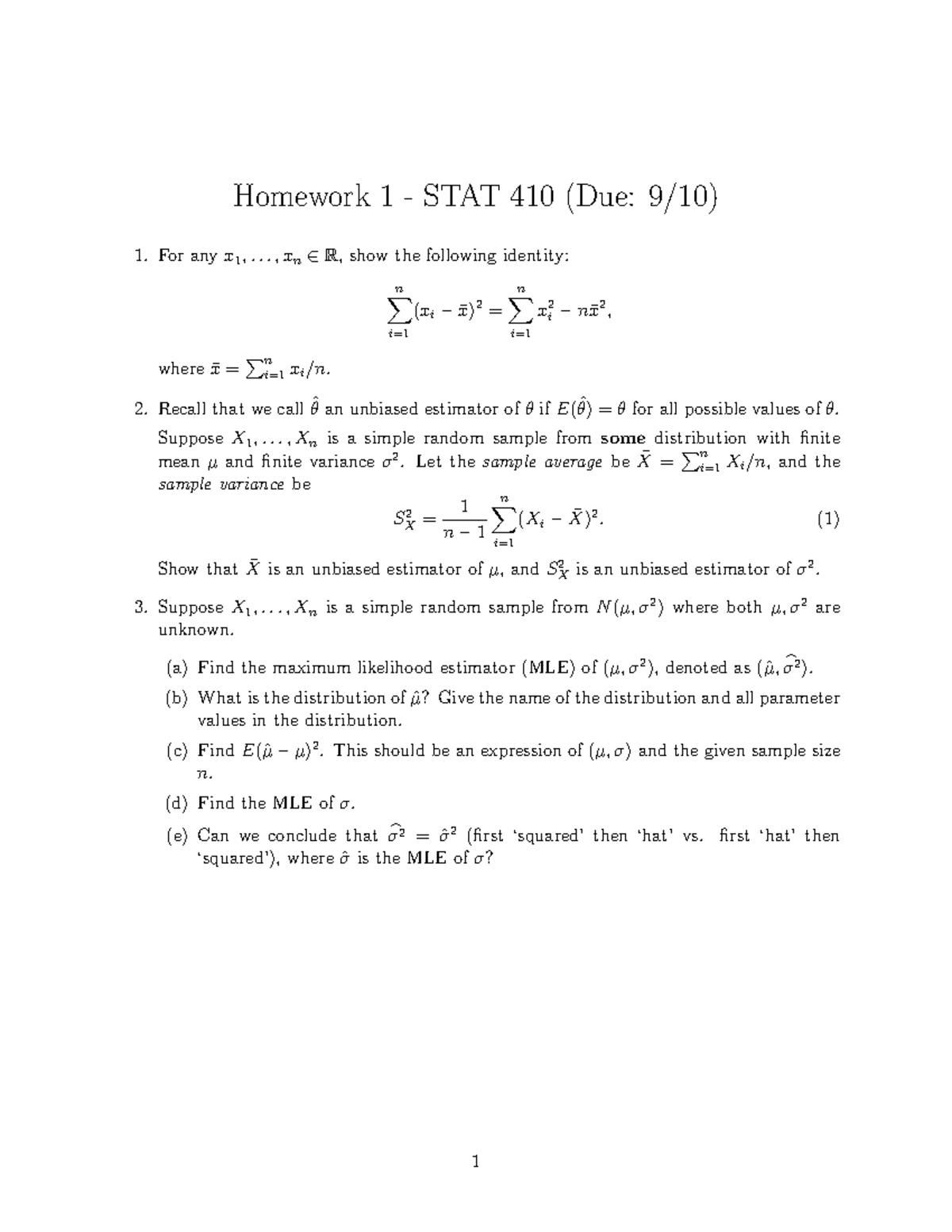 Homework 1 - Linear Regression - Homework 1 - STAT 410 (Due: 9/10) For ...