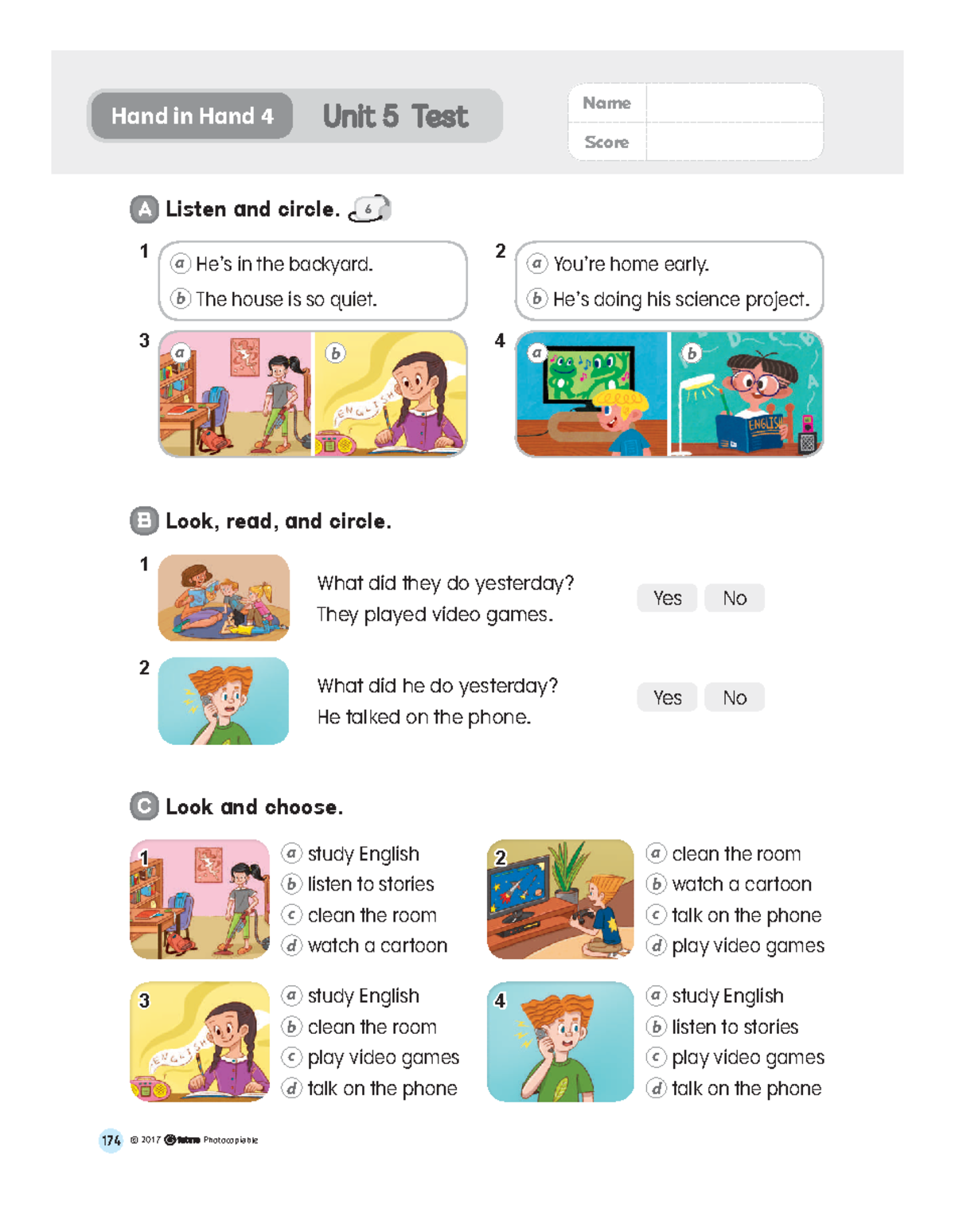 Tests Unit 4 5 6 - Hand in Hand 4 Name Score Unit 5 Test 3 4 a b a b A ...