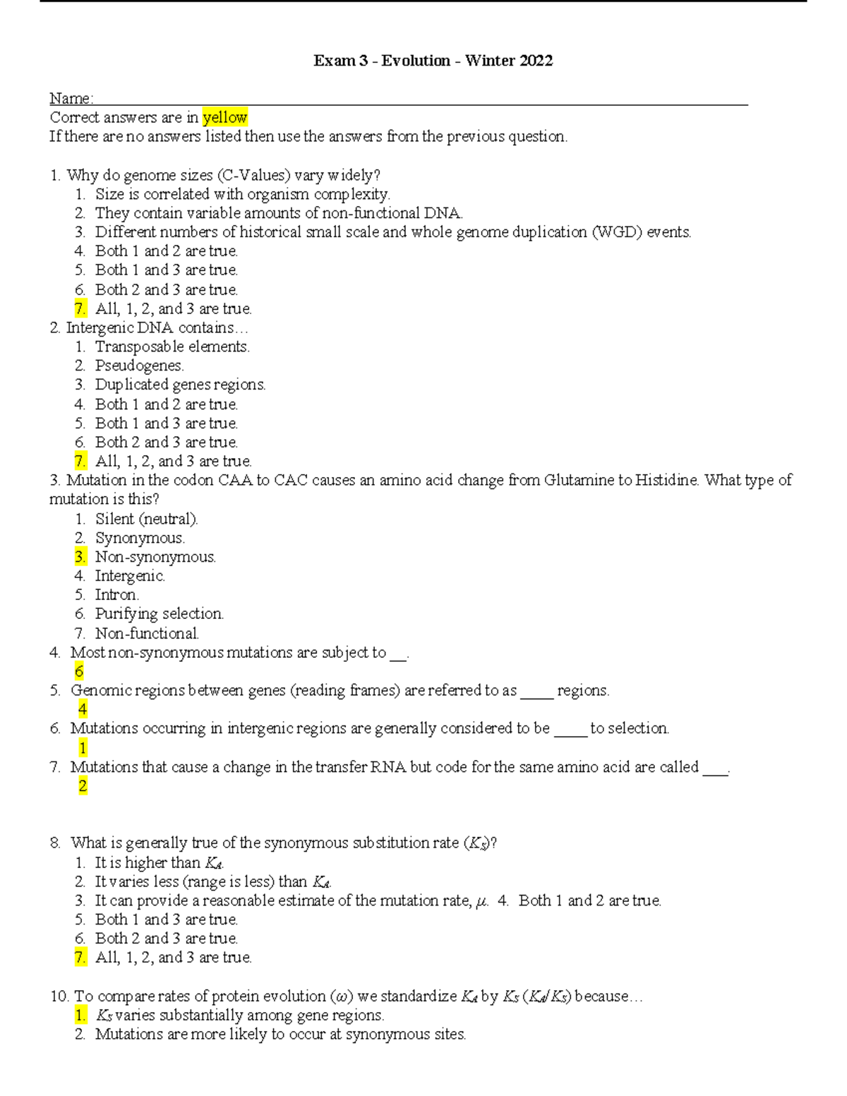Exam+3+2022+key - Key - Exam 3 - Evolution - Winter 2022 Name: Correct ...