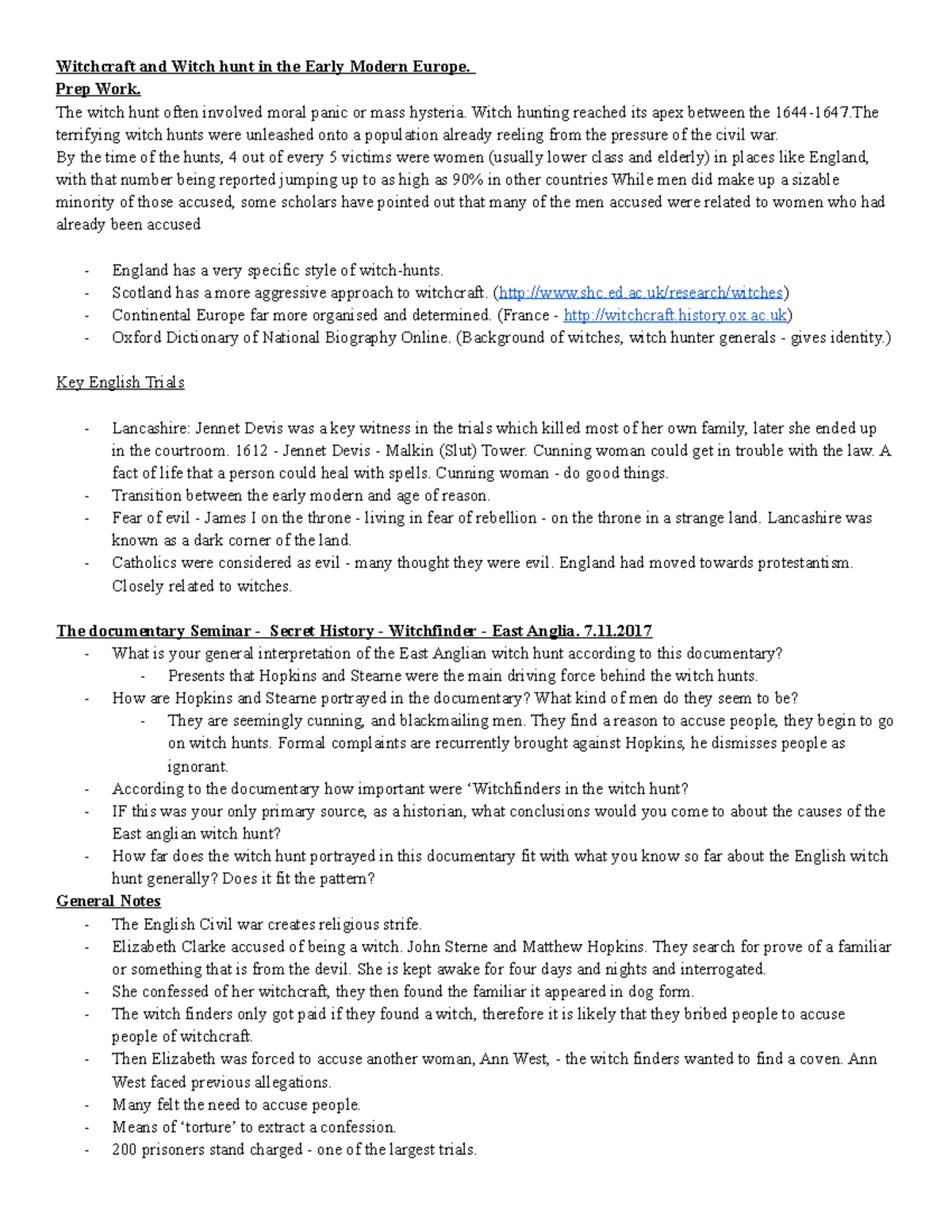 Witchcraft and Witch hunt in the Early Modern - Prep Work. The witch ...