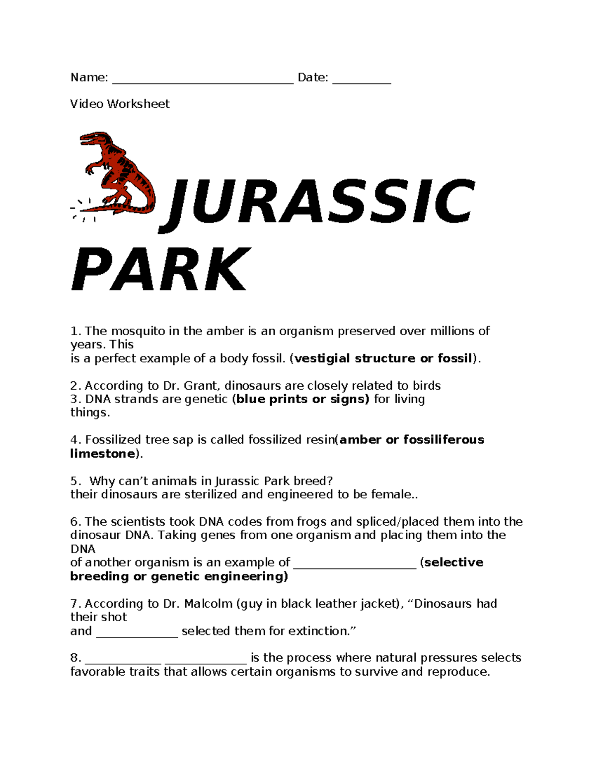 Jurassic Park Video WS - Name: _______________________________ Date ...
