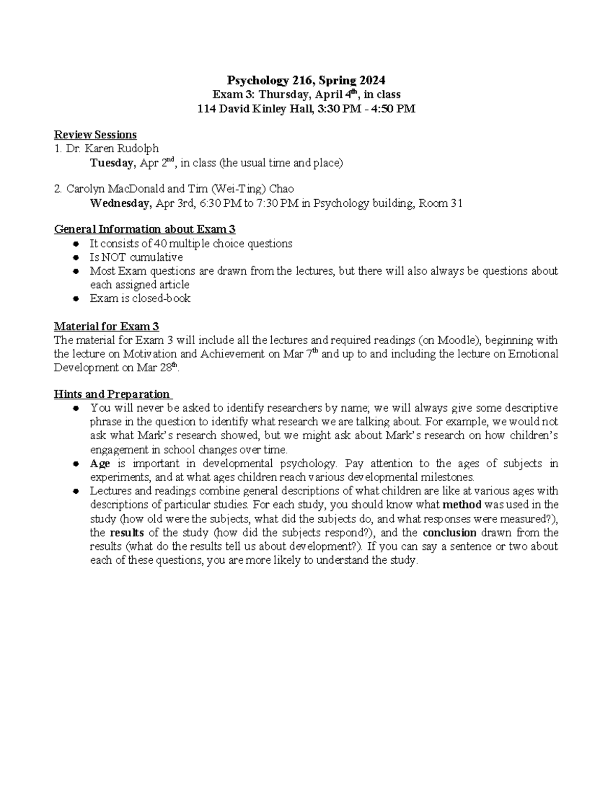 Exam 3 Study Guide - Psychology 216, Spring 2024 Exam 3: Thursday ...