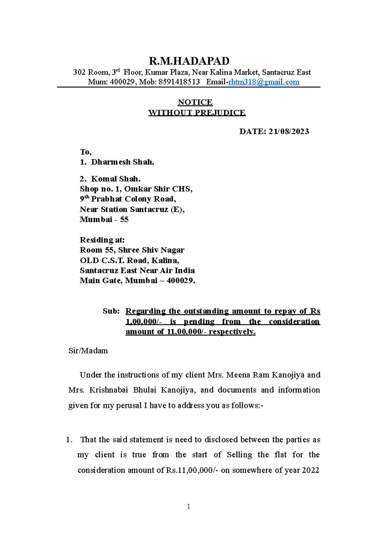 Krishna Bai Notice - R.M 302 Room, 3 rd Floor, Kumar Plaza, Near Kalina ...