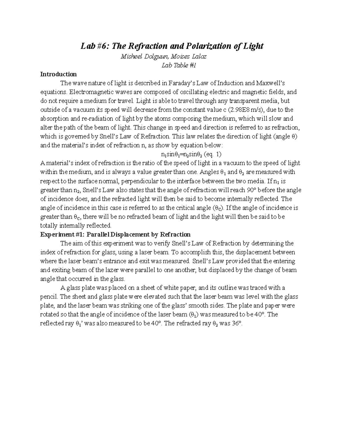 Physics 2 lab 6 - Lab #6: The Refraction and Polarization of Light ...