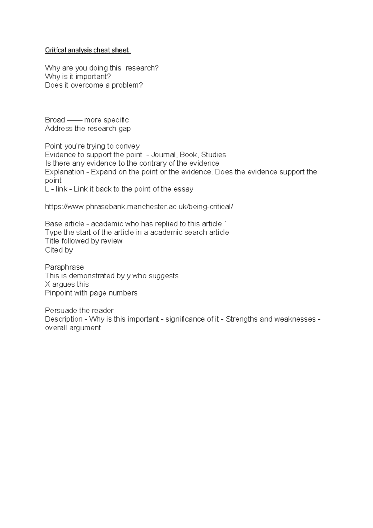 Critical analysis cheat sheet - Does the evidence support the point L ...