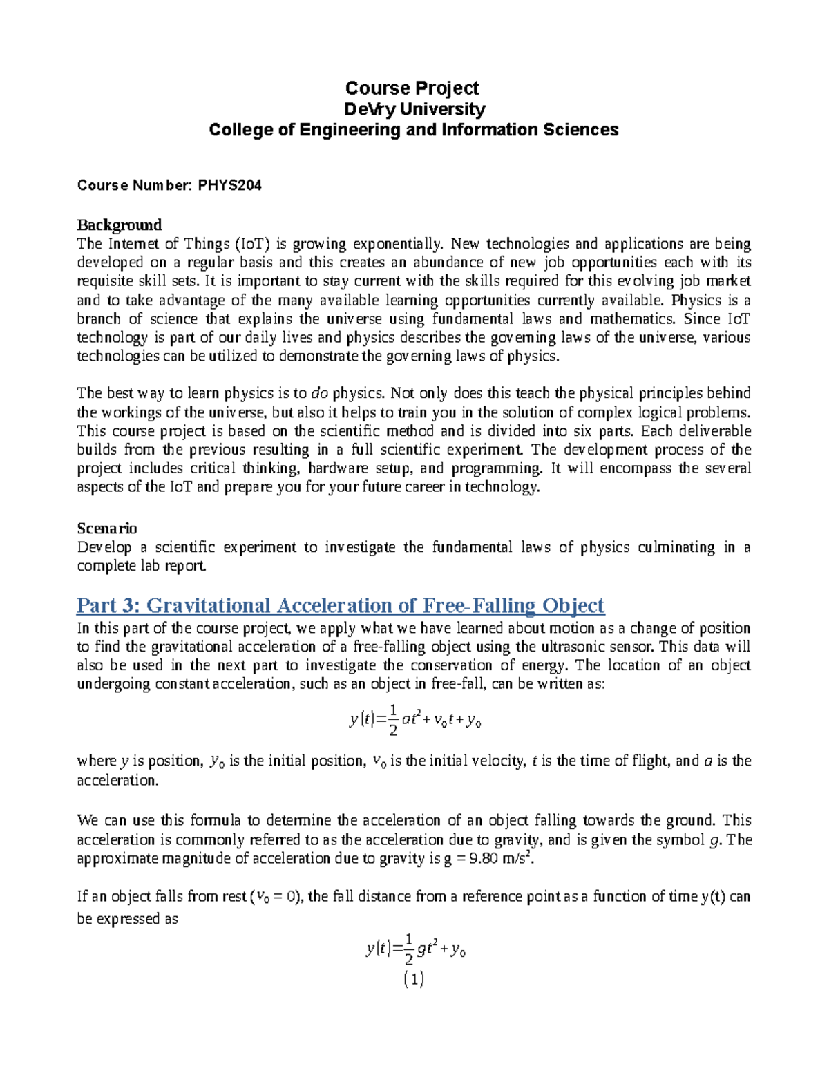PHYS204 Course Project Part 3 - Course Project DeVry University College ...