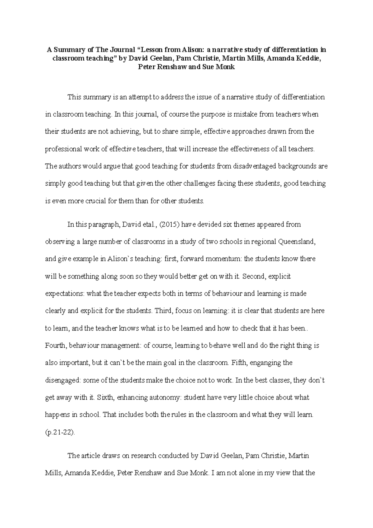 A Narrative Study of Differentiation in Classroom Teaching - A Summary ...