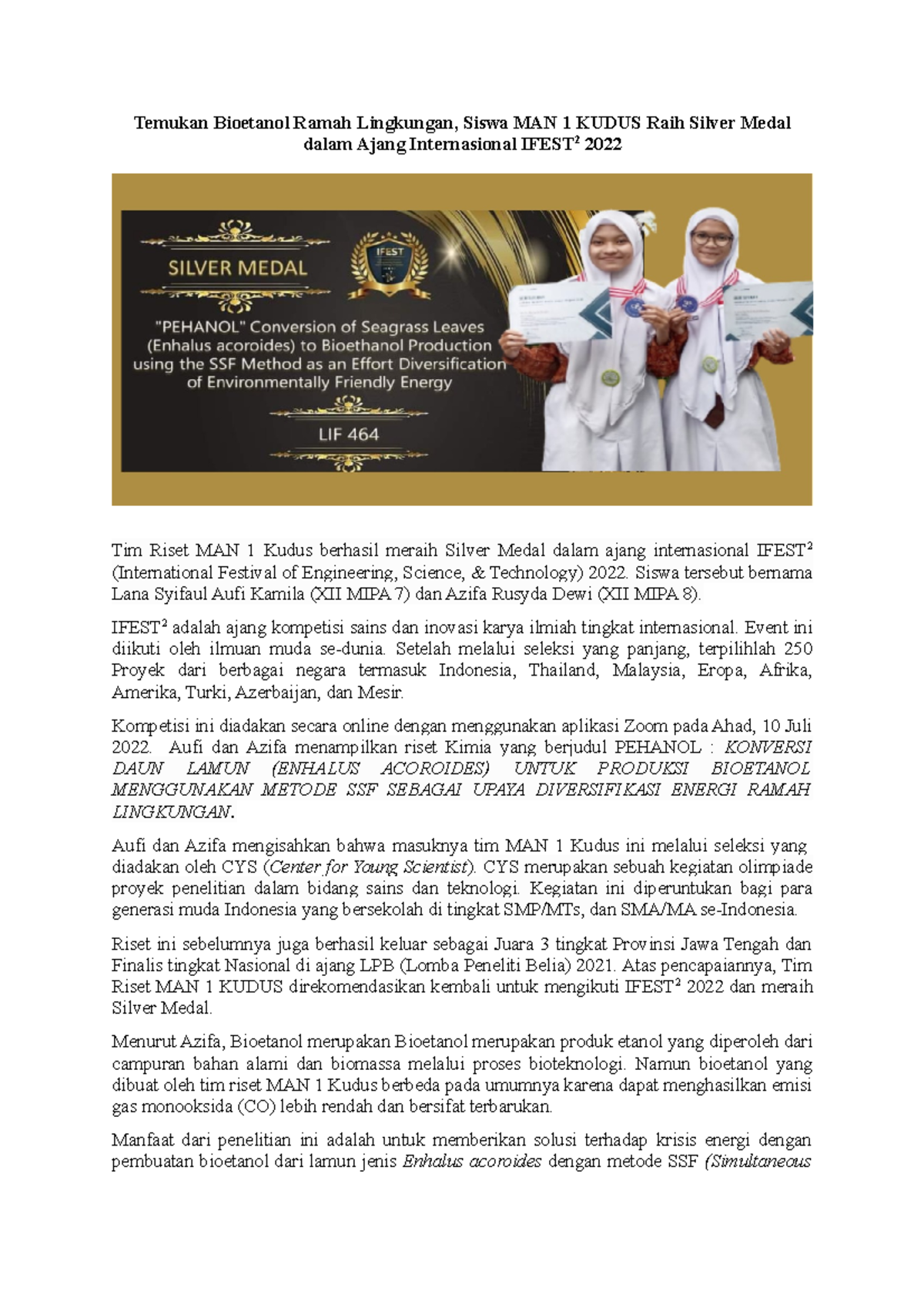 Berita MAN 1 Kudus Silver Medal Infest Tunisia - Temukan Bioetanol ...