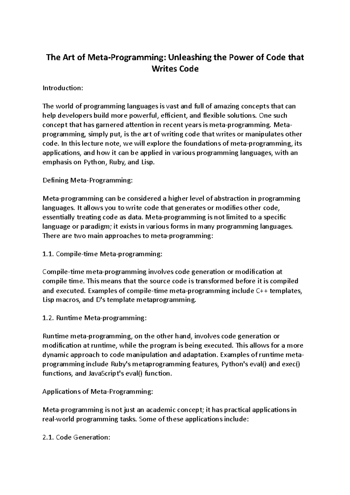 The Art of Meta-Programming- Unleashing the Power of Code that Writes ... The Art of Meta-Programming- Unleashing the Power of Code that Writes ...