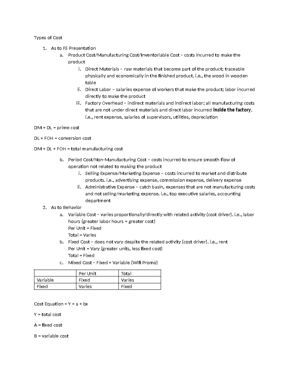 Cost Accounting Notes - Types of Cost 1. As to FS Presentation a ...