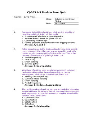 CJ 205 5-3 Quiz - Quiz for all of Module 5 - CJ-205 5-3 Module Five Quiz Teacher: David Prince ...