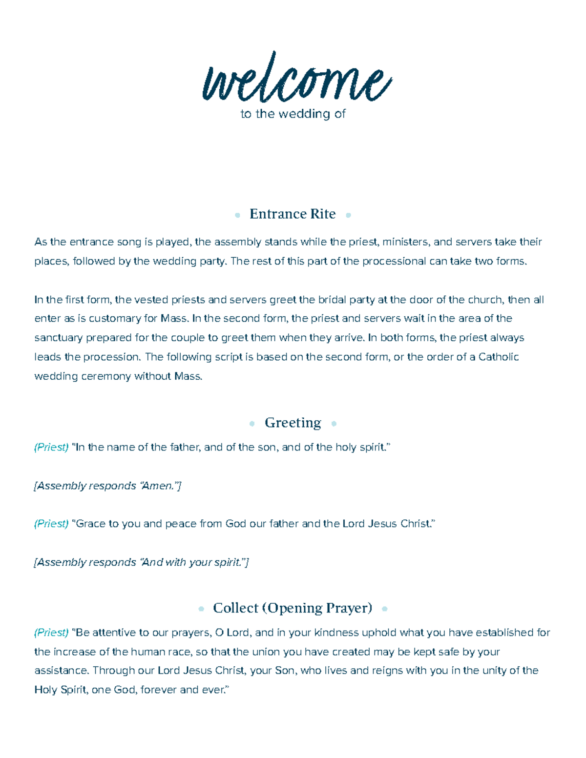 Catholic wedding script - As the entrance song is played, the assembly ...