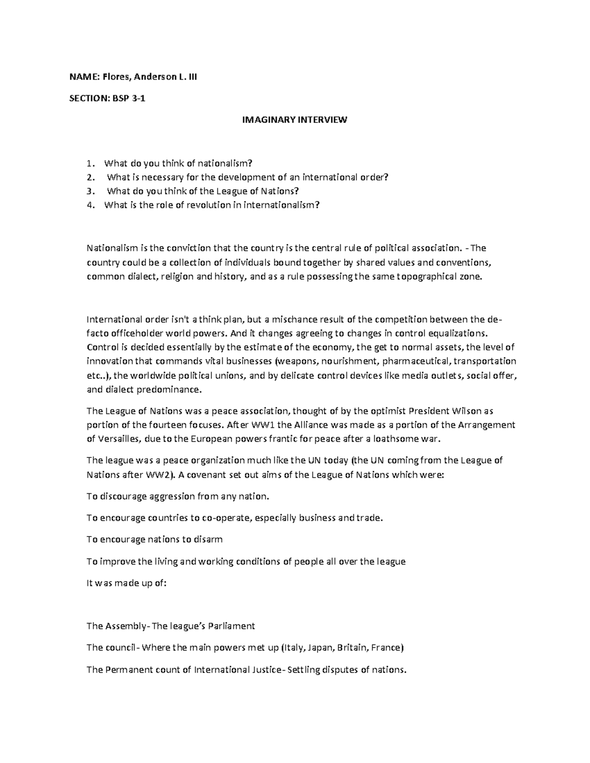 Imaginary Interview - assignment - NAME: Flores, Anderson L. III ...