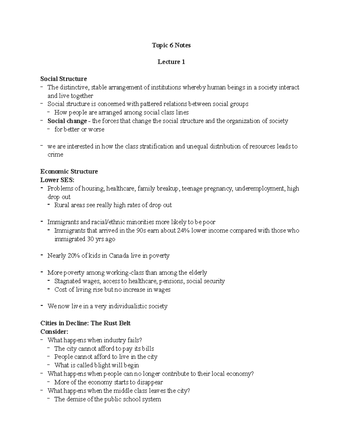 Topic 6 Notes - Topic 6 Notes Lecture 1 Social Structure - The ...