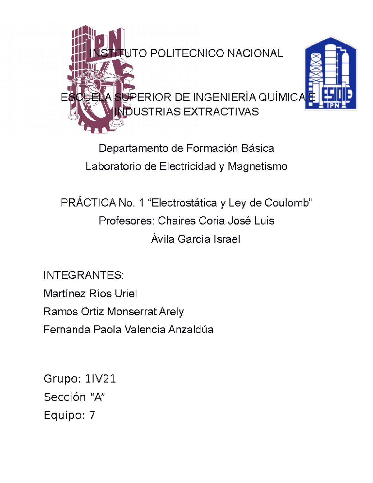 Practica 1 Lab. Electricidad y magnetismo - INSTITUTO POLITECNICO NACIONAL ESCUELA SUPERIOR DE ...