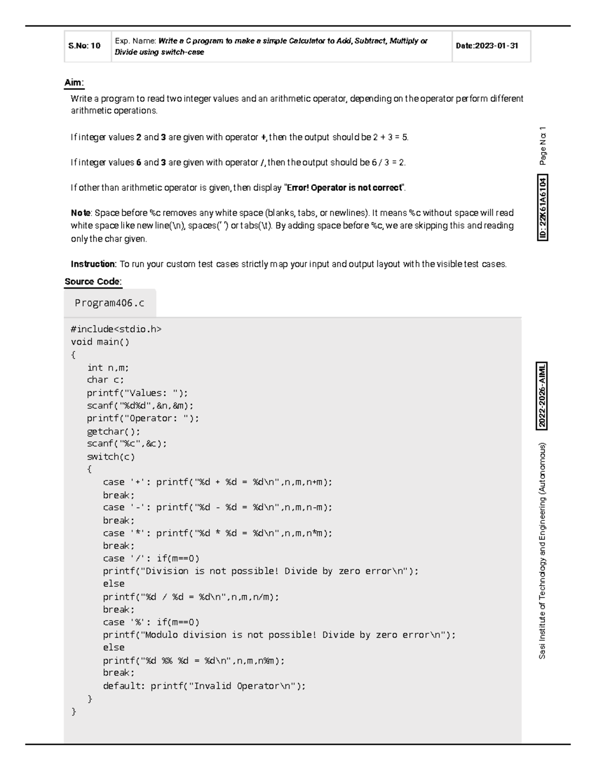 10 C Program S 10 Exp Name Write A C Program To Make A Simple