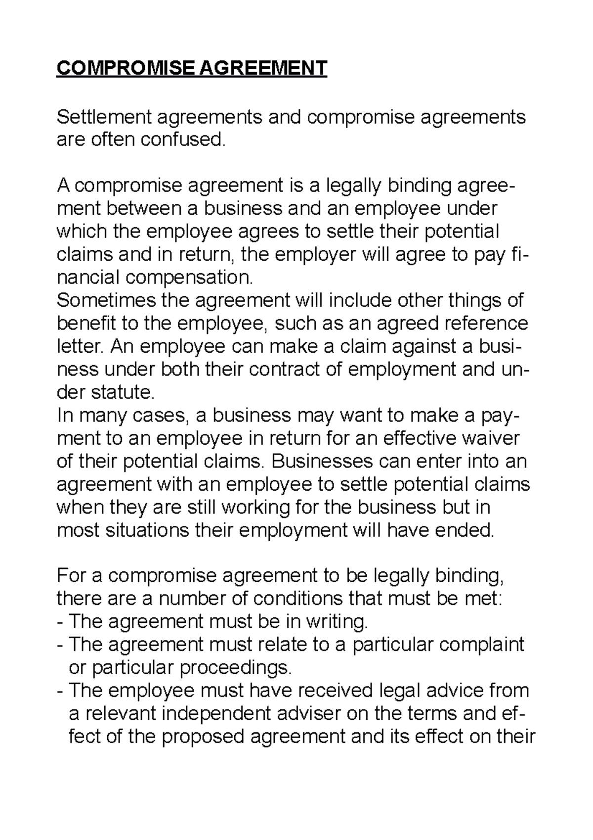 Compromise agreements - COMPROMISE AGREEMENT Settlement agreements and ...