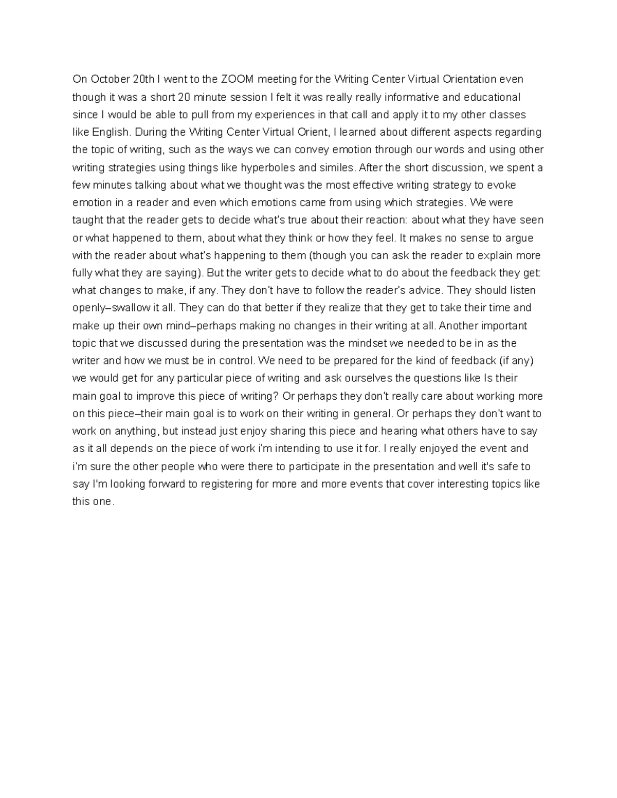 Reflection #3 - On October 20th I went to the ZOOM meeting for the ...
