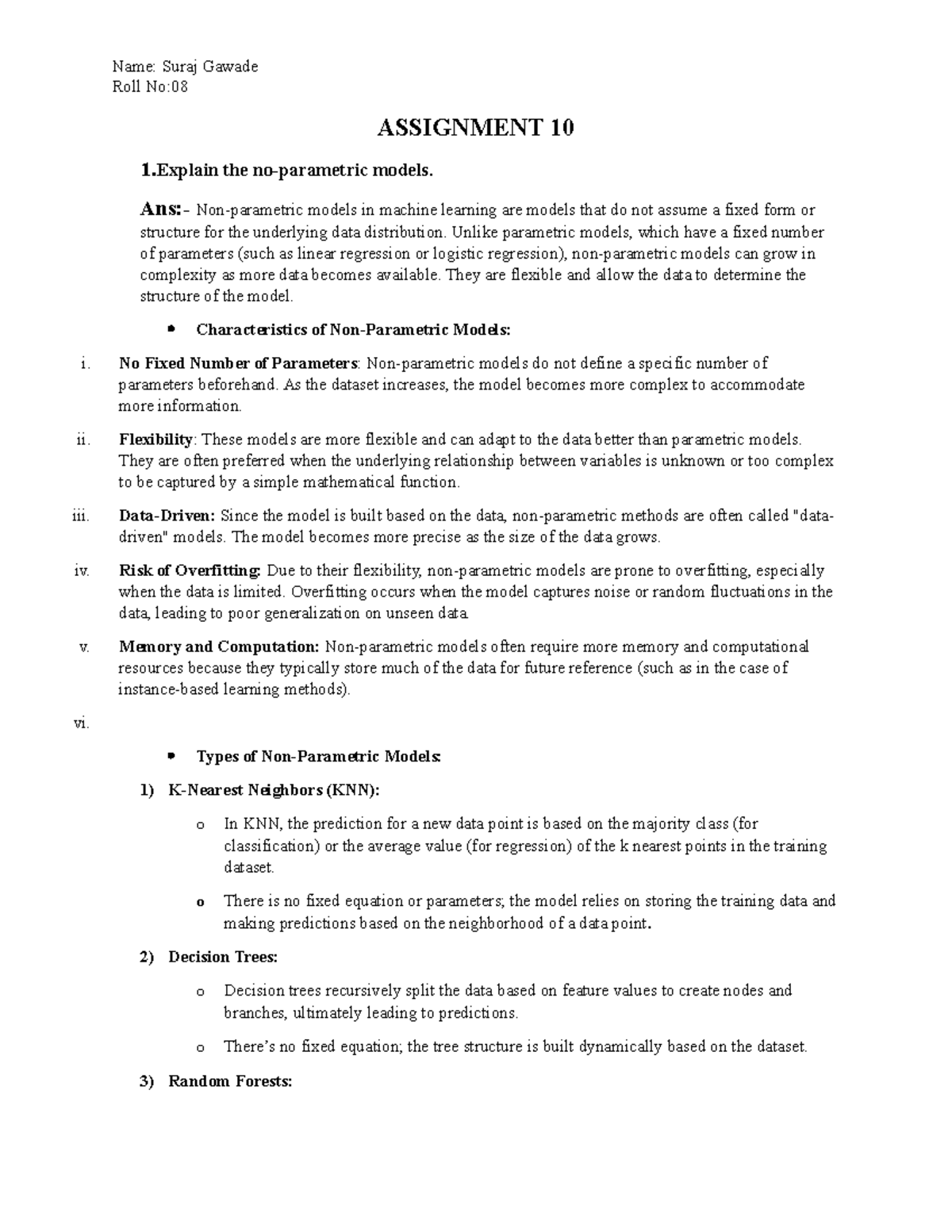 Assignment No. 10 - Roll No: ASSIGNMENT 10 1 the no-parametric models ...