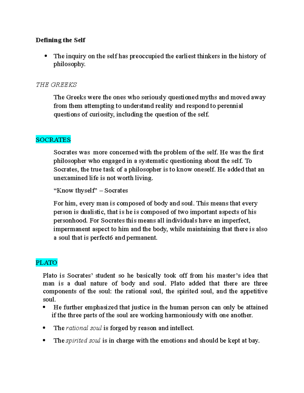 Understanding the Self - Introduction (Defining The Self) notes ...