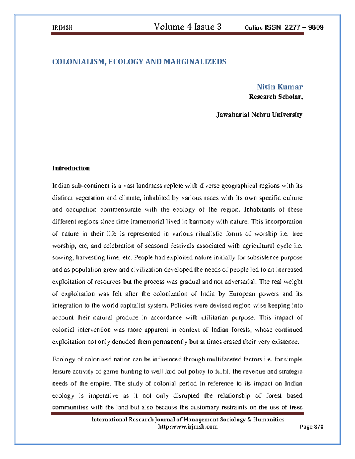 Colonialism Ecology AND Marginalizeds - International Research Journal ...