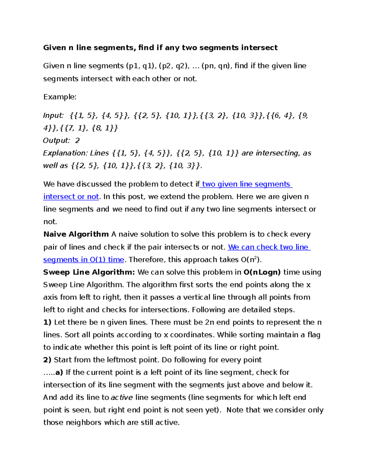 Linsegment Notes - Given n line segments, find if any two segments ...