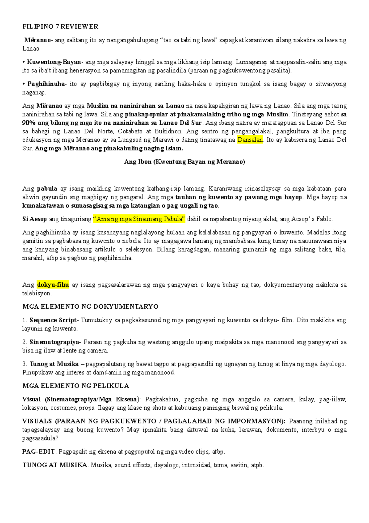 FIL 7 Reviewer - FILIPINO 7 REVIEWER Mëranao- ang salitang ito ay ...