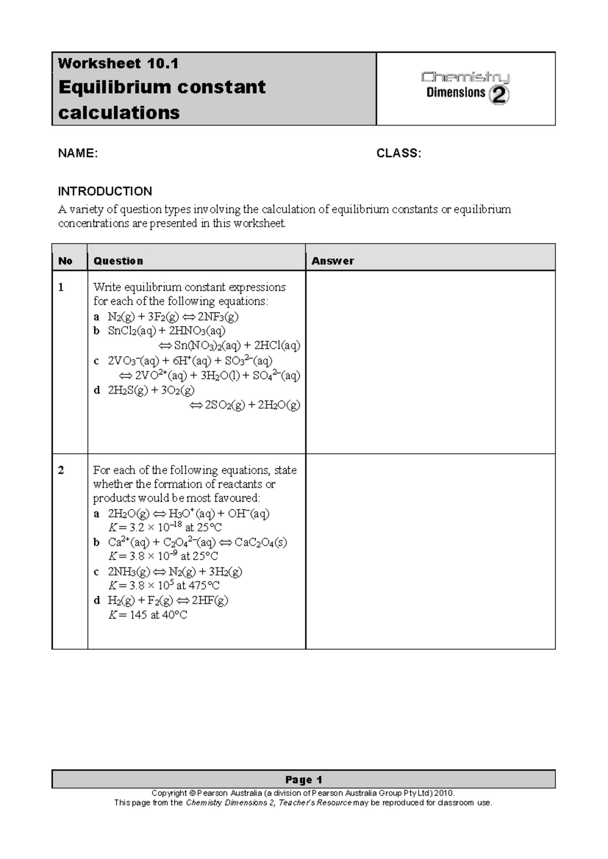 Equilibrium Constant Calculations - Worksheet 10. Equilibrium constant calculations Page 1 ...